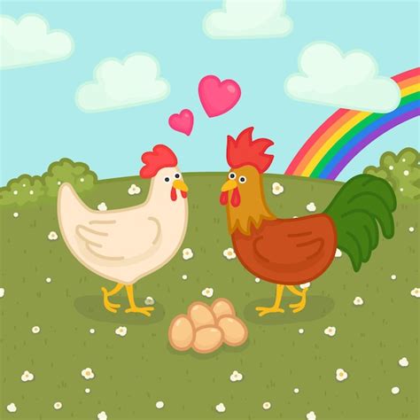 Les Poules Et Le Coq Donnent De L Amour Aux Oeufs Kawaii Doodle