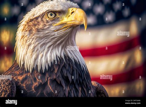 Side View Of Powerful Strong Bald Eagle With Yellow Beak Standing Near