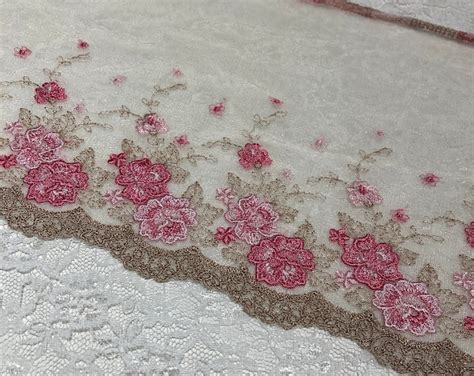 New Beautiful Wide Embroidered Scalloped Beige And Pink Floral Trim