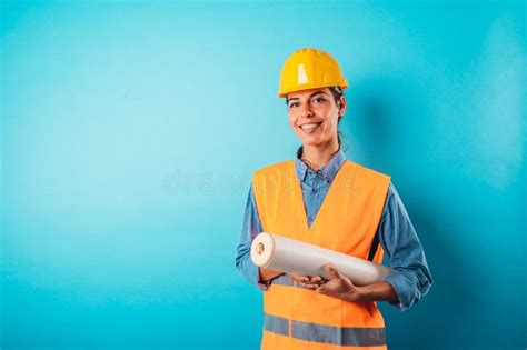 Woman Architect Holds A Project Of A Building Stock Image Image Of