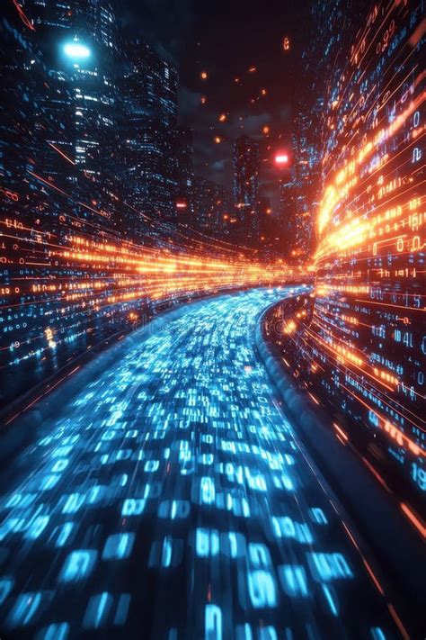 Futuristic Cityscape With Digital Light Streams And Data Flow Stock Image Image Of Nightlife