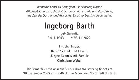 Traueranzeigen Von Ingeborg Barth Sz Gedenken De