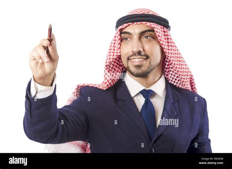 Arab Man Pressing Virtual Buttons Stock Photo Alamy