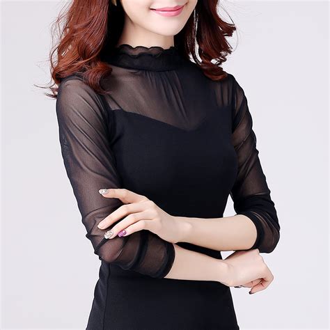 无布例外气质打底衫女长袖荷叶高领网纱衣修身黑色秋冬百搭1947潮虎窝淘