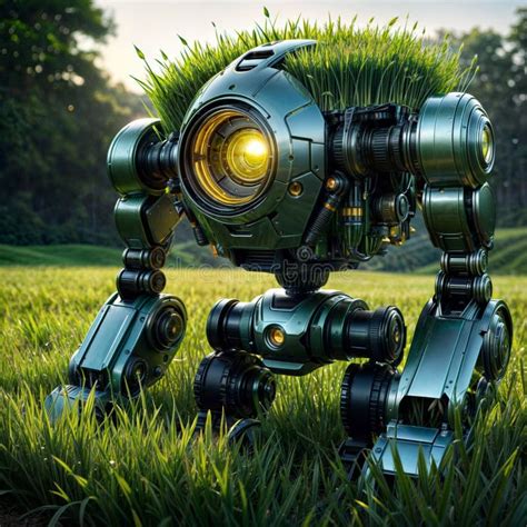 Robot In The Grasshead Covered With Grass Stock Illustration