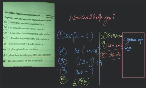 Algebraic Expressions Worksheet 1 Name Express Each Phrase As An Algebrai