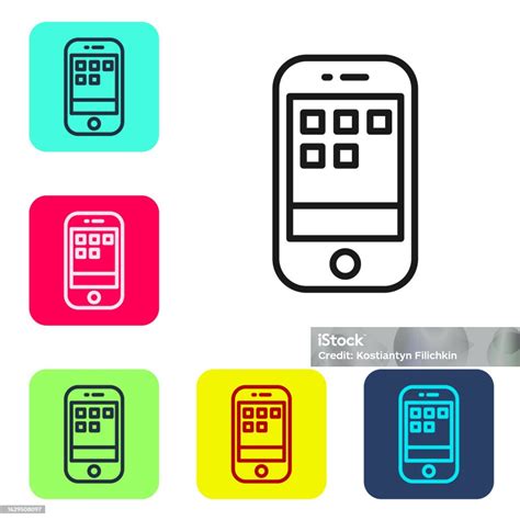 검은 색 라인 스마트 폰 흰색 배경에 고립 된 휴대 전화 아이콘 색상 정사각형 단추로 아이콘을 설정합니다 벡터 3차원 형태에 대한 스톡 벡터 아트 및 기타 이미지 Istock