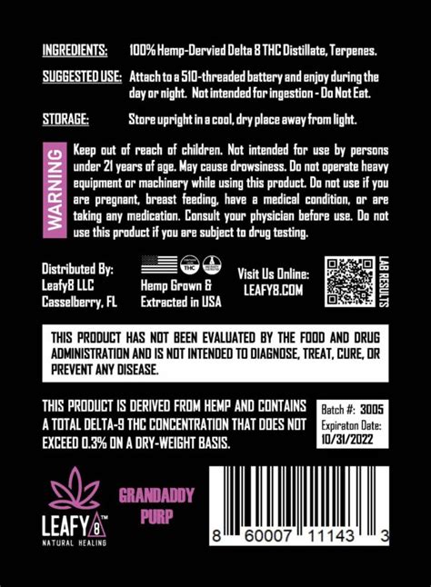 Leafy 8 Delta 8 Thc Vape Cartridge Grandaddy Purp Nothingbutpurehemp