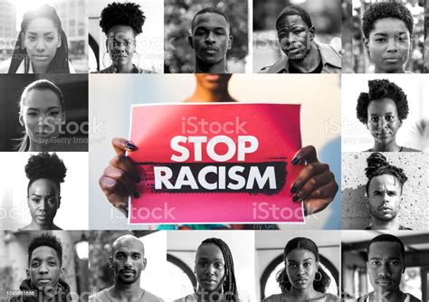 Woman Holding A Red Sign Against Racism And A Mix Of Afro American Men