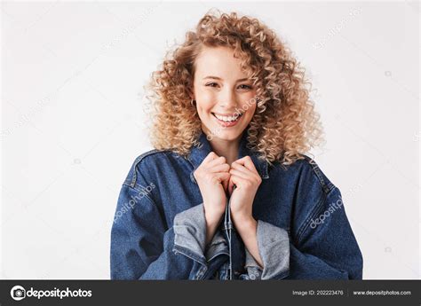 Smiling Blonde Curly Woman Denim Clothes Posing Arm Together Chin Stock