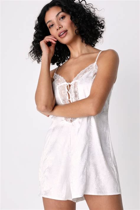 White Satin Romper Lace Lounge Romper Embossed Satin Romper Lulus