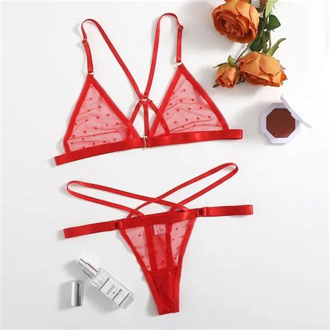 Crimson Polka Dot Mesh Lingerie Set Naughtytrove