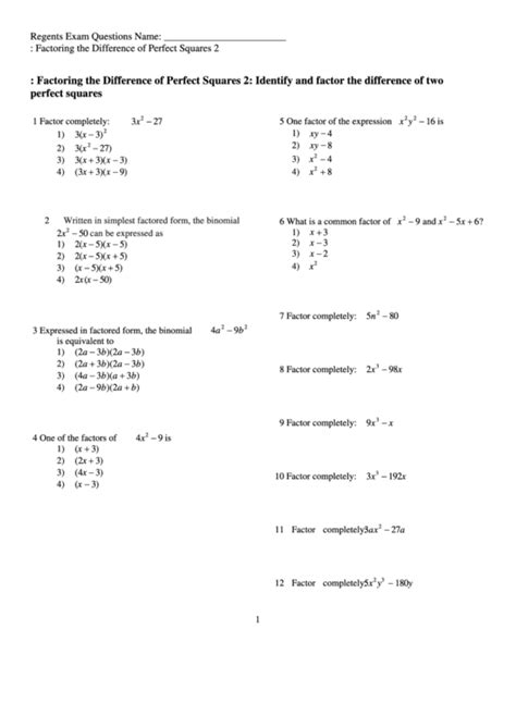 Factoring The Difference Of Perfect Squares Math Worksheet Printable