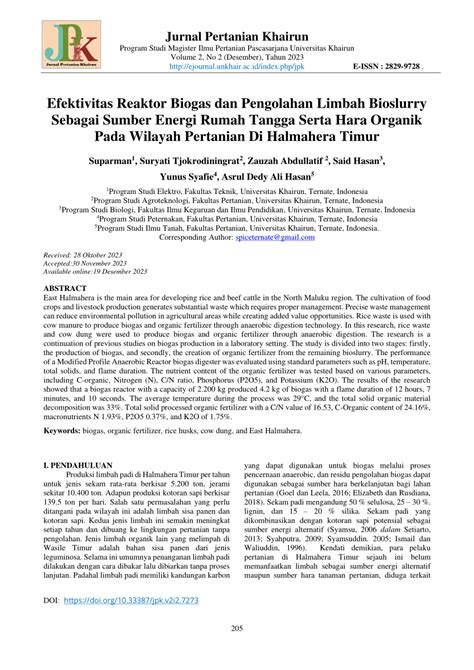 Pdf Efektivitas Reaktor Biogas Dan Pengolahan Limbah Bioslurry