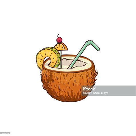 코코넛 밀크 칵테일 갈색 너트 쉘에서 반으로 자른 열대 과일 음료 마실 것에 대한 스톡 벡터 아트 및 기타 이미지 마실 것