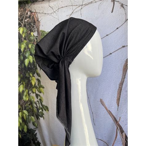 Stretchy Pretied Tichel Black Faux Denim The Little Tichel Lady