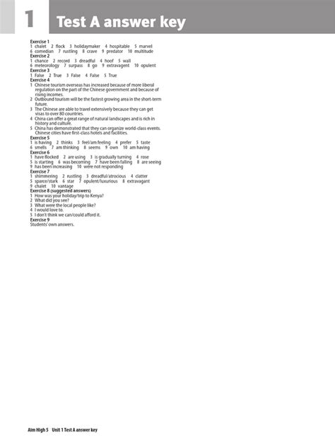 Aim High 5 Unit 1 Test A Answer Key Pdf Travel Cooking Food And Wine