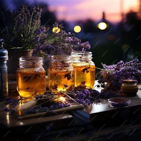 Premium Photo Backdrop Of Lavender Honey Jars Bee Figurines Farmhouse Table Live Strea For