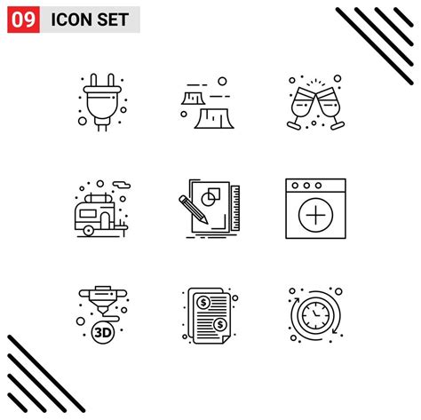 Set Of 9 Modern Ui Icons Symbols Signs For Sketching Motorhome Environment Camping Party