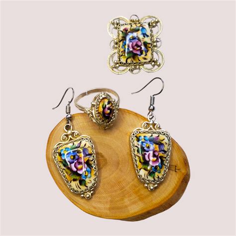 Комплект с ростовской финифтью кольцо брошь и серьги Искусство Цвет Охра Гарнитур с эмалью