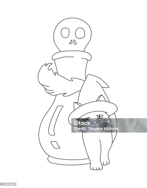 마녀 모자를 쓴 고양이와 해골 모자가 달린 물약 병의 윤곽선 흰색 배경에 벡터 일러스트 레이 션 개체 그룹에 대한 스톡 벡터