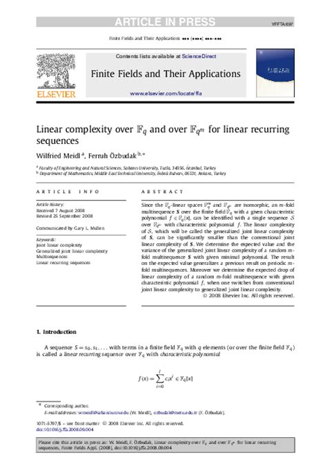 Pdf Finite Fields And Their Applications