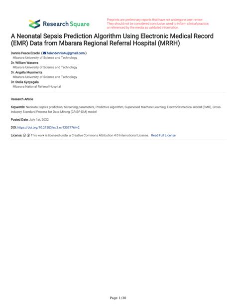 Pdf A Neonatal Sepsis Prediction Algorithm Using Electronic Medical Record Emr Data From