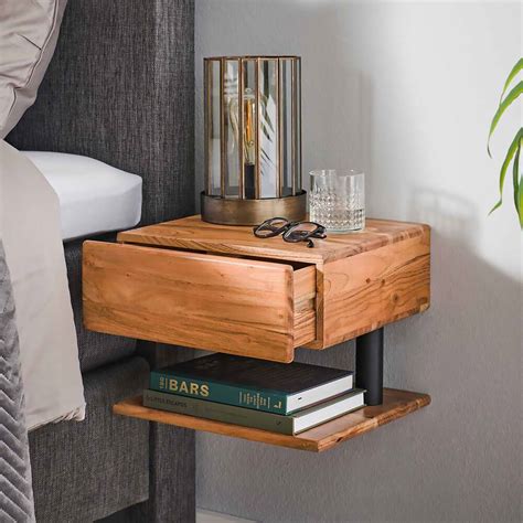 Lot De 2 Chevets Suspendus 1 Tiroir 35x35x27 Cm En Acacia Naturel