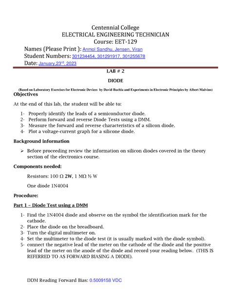 Eet 129 Lab 2 Diode Lab Answers Centennial College Electrical