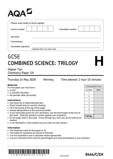 aqa gcse combined science trilogy higher tier chemistry paper 1h 2020 question paper