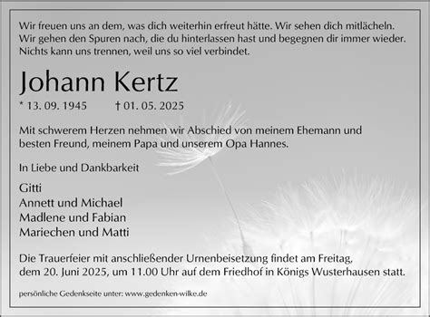 Traueranzeigen Von Johann Kertz Märkische Onlinezeitung Trauerportal