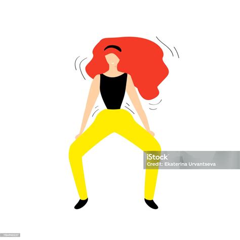 빨간 머리 소녀 블랙 T 셔츠와 노란 바지 줌 바 댄스에서 춤을 웅 크 리고 몸을 따라 팔을 벡터 그래픽 T 셔츠에 대한 스톡