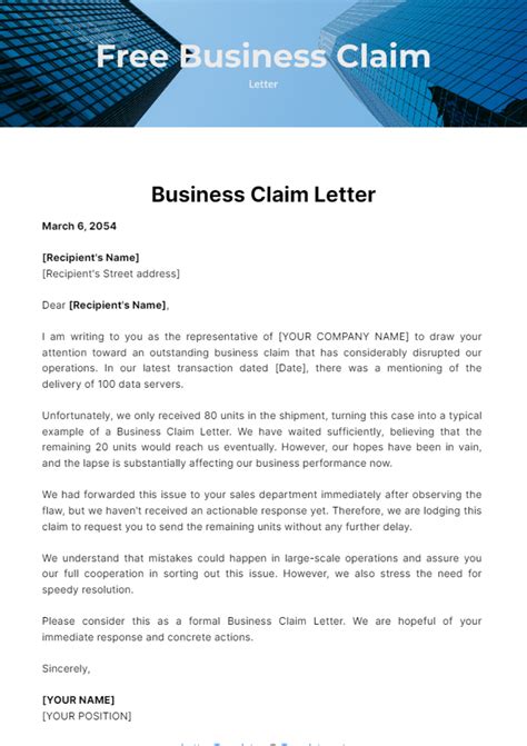 Free Business Claim Letter Template To Edit Online