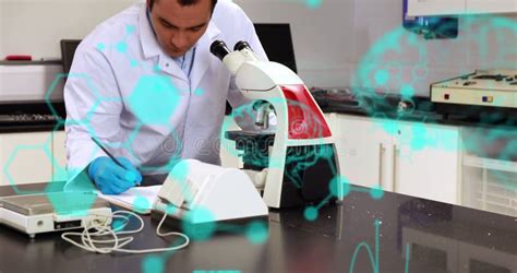 Animation Of Scientific Data Over Biracial Male Lab Worker Using