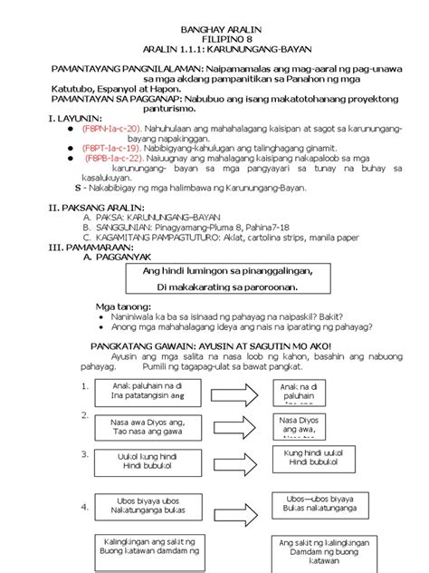 Banghay Aralin Filipino 8 Unang Markahan Pdf