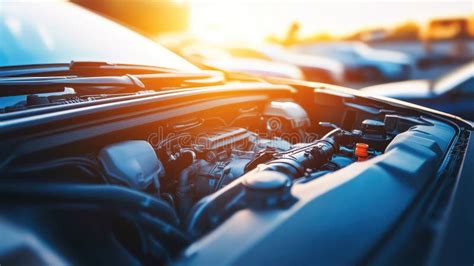 Car Engine Exposed Detailed View Of A Vehicle S Internal Components Under A Sunny Sky Stock
