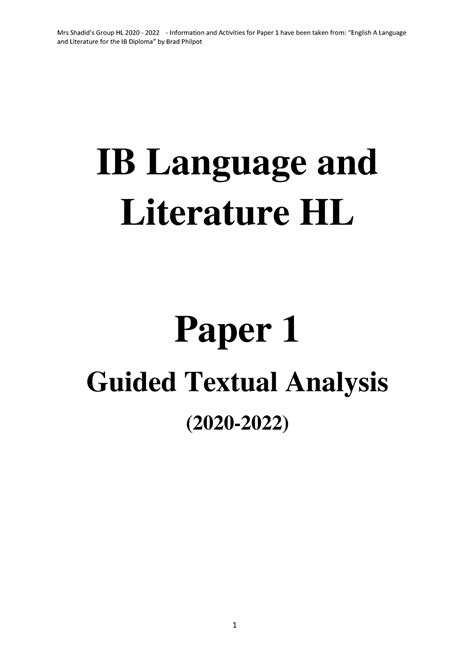 Hl Paper 1 Guided Textual Analysis Booklet And Literature For The Ib