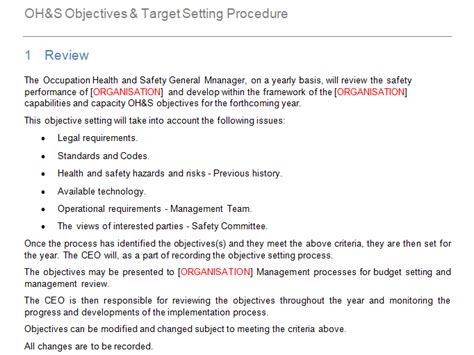 Procedure For Ohands Objectives And Target Setting Grcready