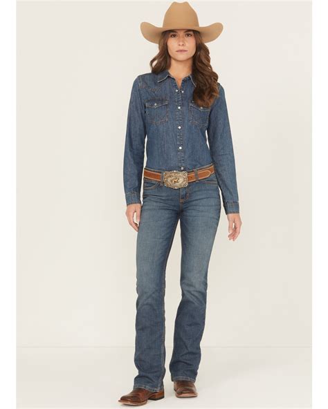 Wrangler Womens Mae Premium Patch Boot Cut Jeans Blue
