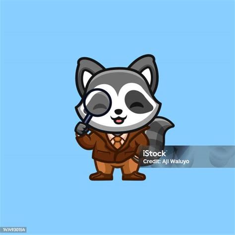 너구리 형사 귀여운 크리에이티브 카와이 만화 마스코트 로고 Criminal Investigation에 대한 스톡 벡터 아트 및