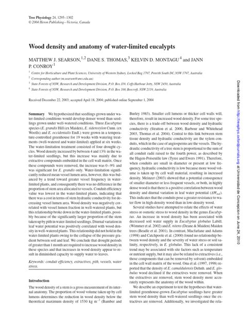 Wood Density And Anatomy Of Water Limited Eucalypts Pdf Wood
