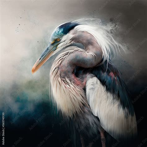 A Bird With A Long Neck And A Long Bill Standing In The Fog With Its