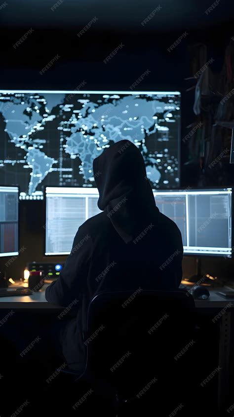 Free Photo Side View Of Hacker In Hoodie Sitting At Computer Desk In