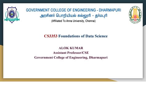 Unit 3 Data Science Cs3353 Foundations Of Data Science Alok Kumar Assistant Professor Cse