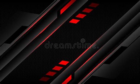 Abstract Metallic Red Line Black Cyber Dynamic Geometric Banner On Black Hexagon Mesh Pattern