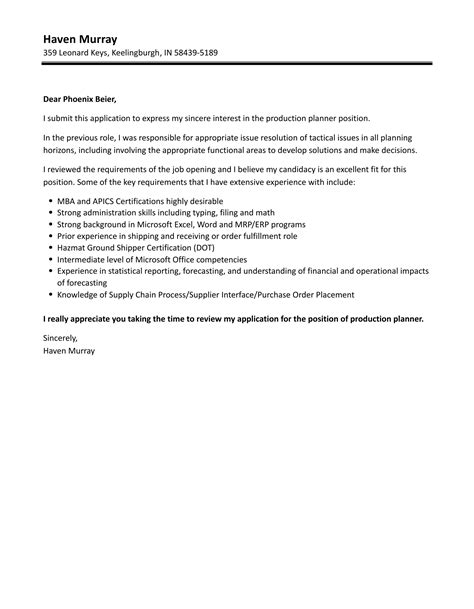 Production Planner Cover Letter Velvet Jobs