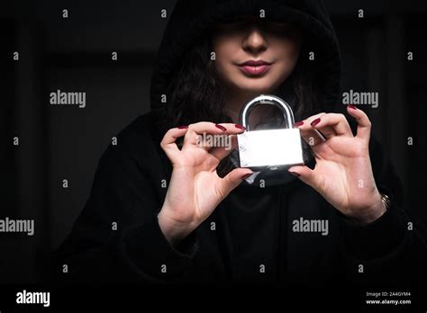 The Female Hacker Hacking Security Firewall Late In Office Stock Photo Alamy