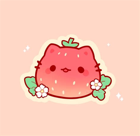 Strawberry Cat Sticker Stickers Cute Decal Cut Etsy Dibujo De Mono
