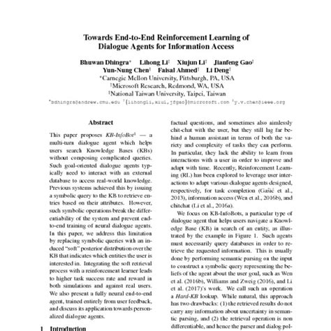 Towards End To End Reinforcement Learning Of Dialogue Agents For Information Access Acl Anthology