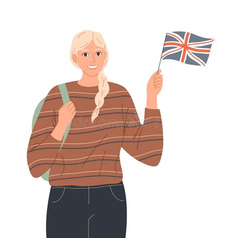 Female Student Holds English Flag She Is A Tourist Native Speaker Or Learns English Stock
